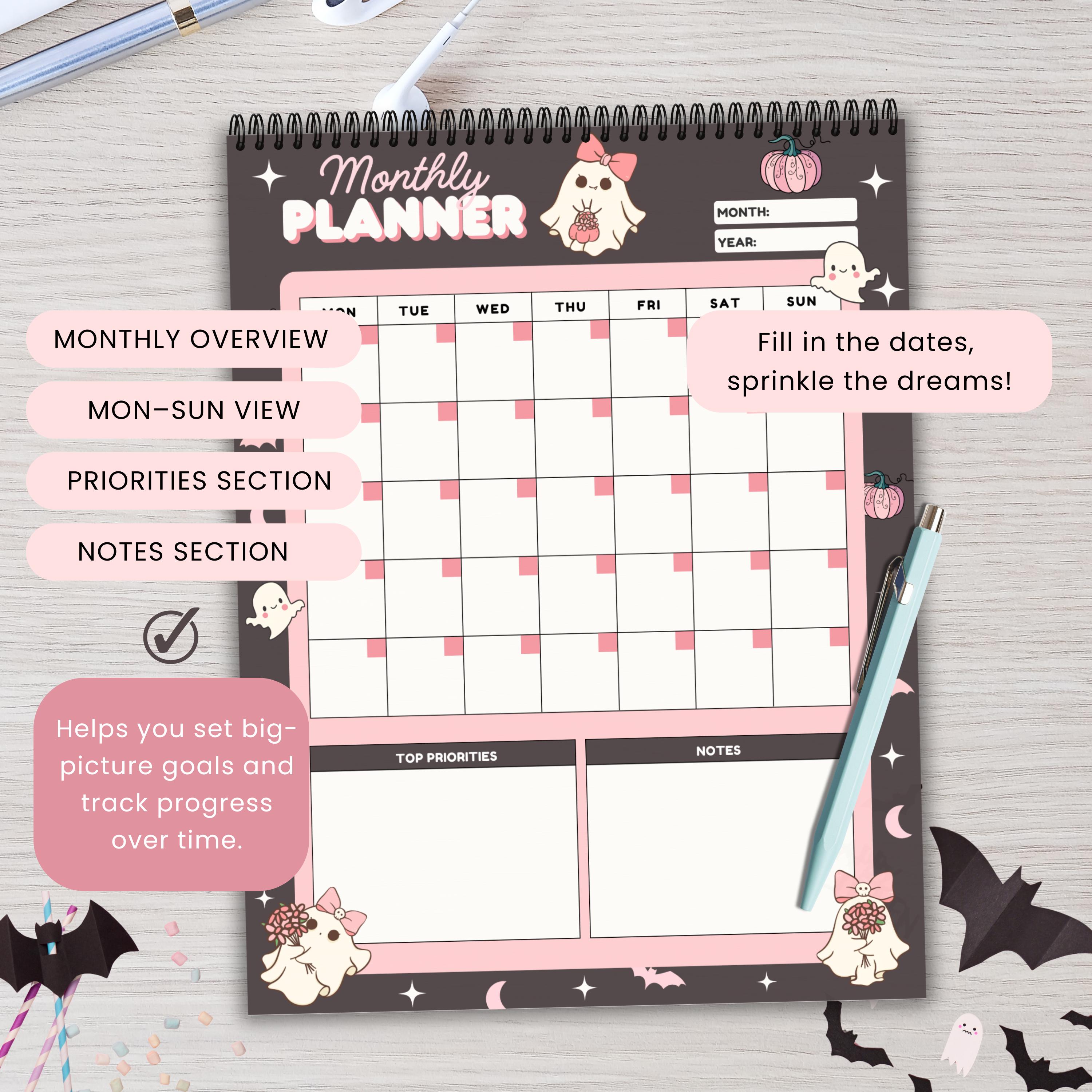 Kawaii Ghost Halloween Digital and Printable Planner, Dark Pastel To-do ...