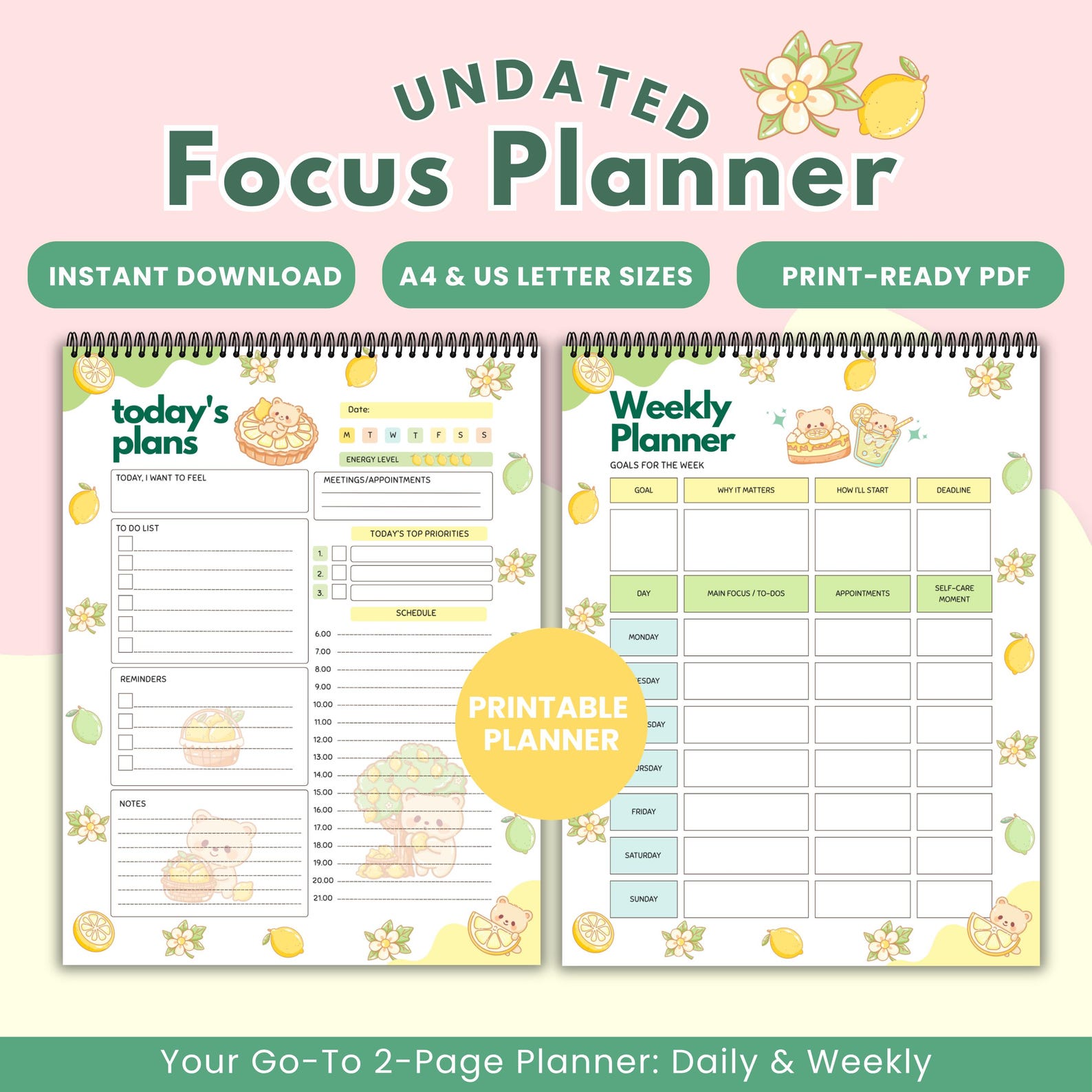 Colorful Kawaii Lemon Focus Planner, Cute Undated Daily and Weekly PDF ...