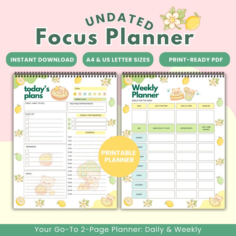 Colorful Kawaii Lemon Focus Planner, Cute Undated Daily and Weekly PDF ...