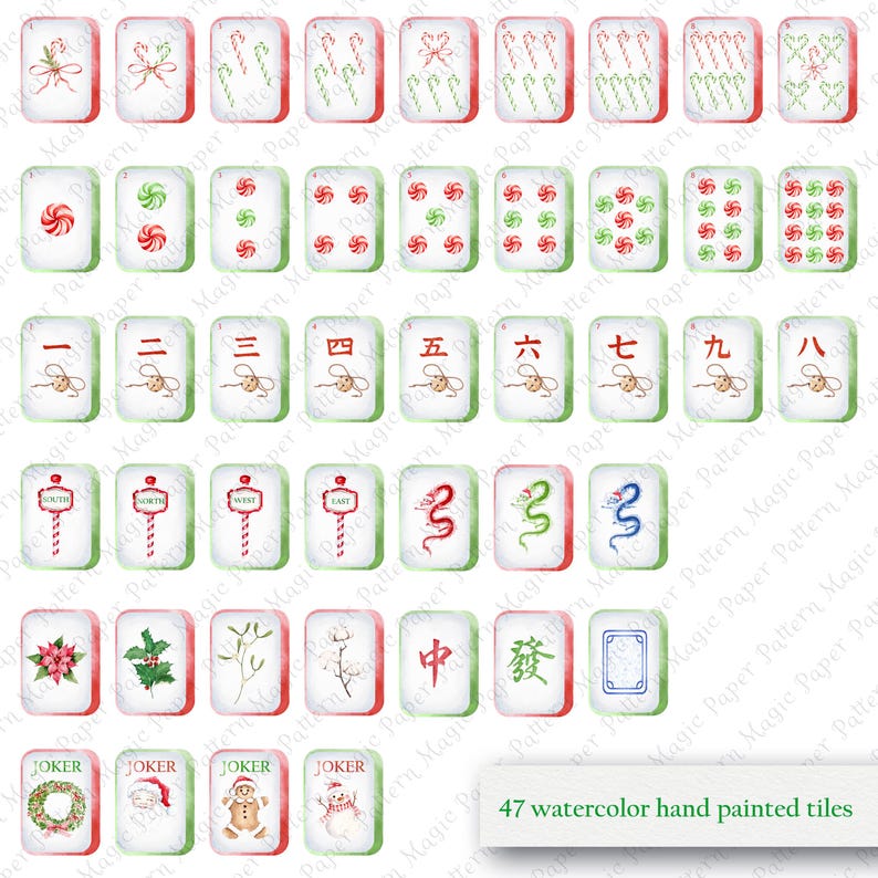 Watercolor Christmas Mahjong Set Tiles Clipart PNG Seamless Patterns ...
