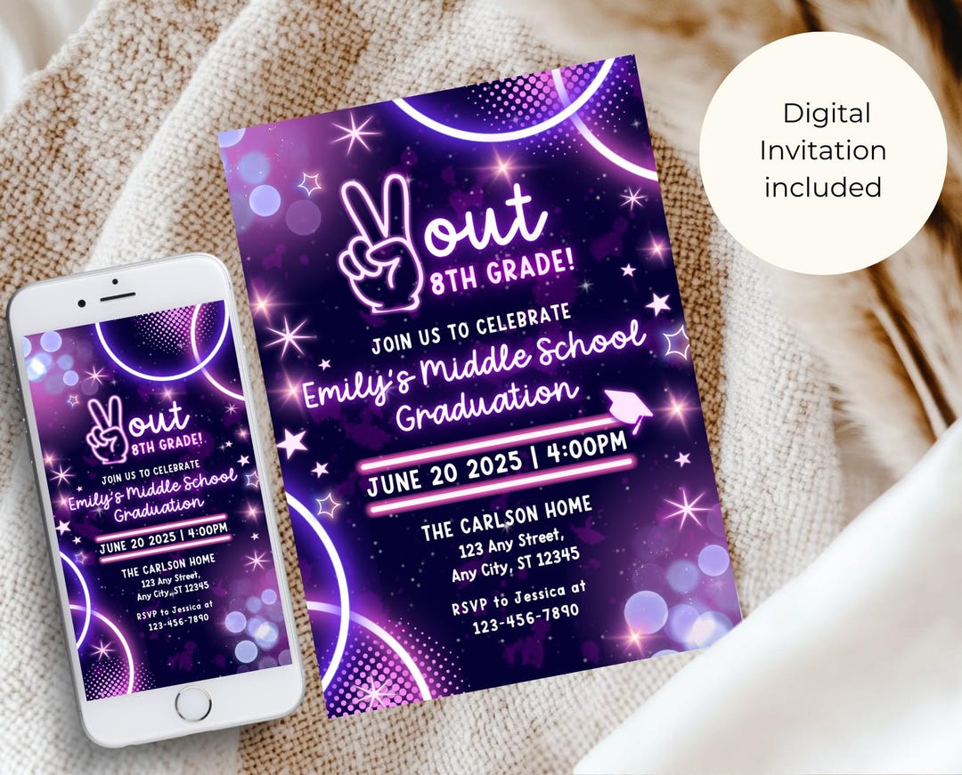 Neon Peace Out 8th Grade Party Invitation, Editable Graduation Invite ...