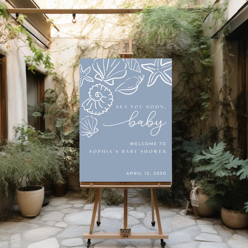 Sea You Soon Baby Shower Welcome Sign, Seashell Baby Shower Theme ...