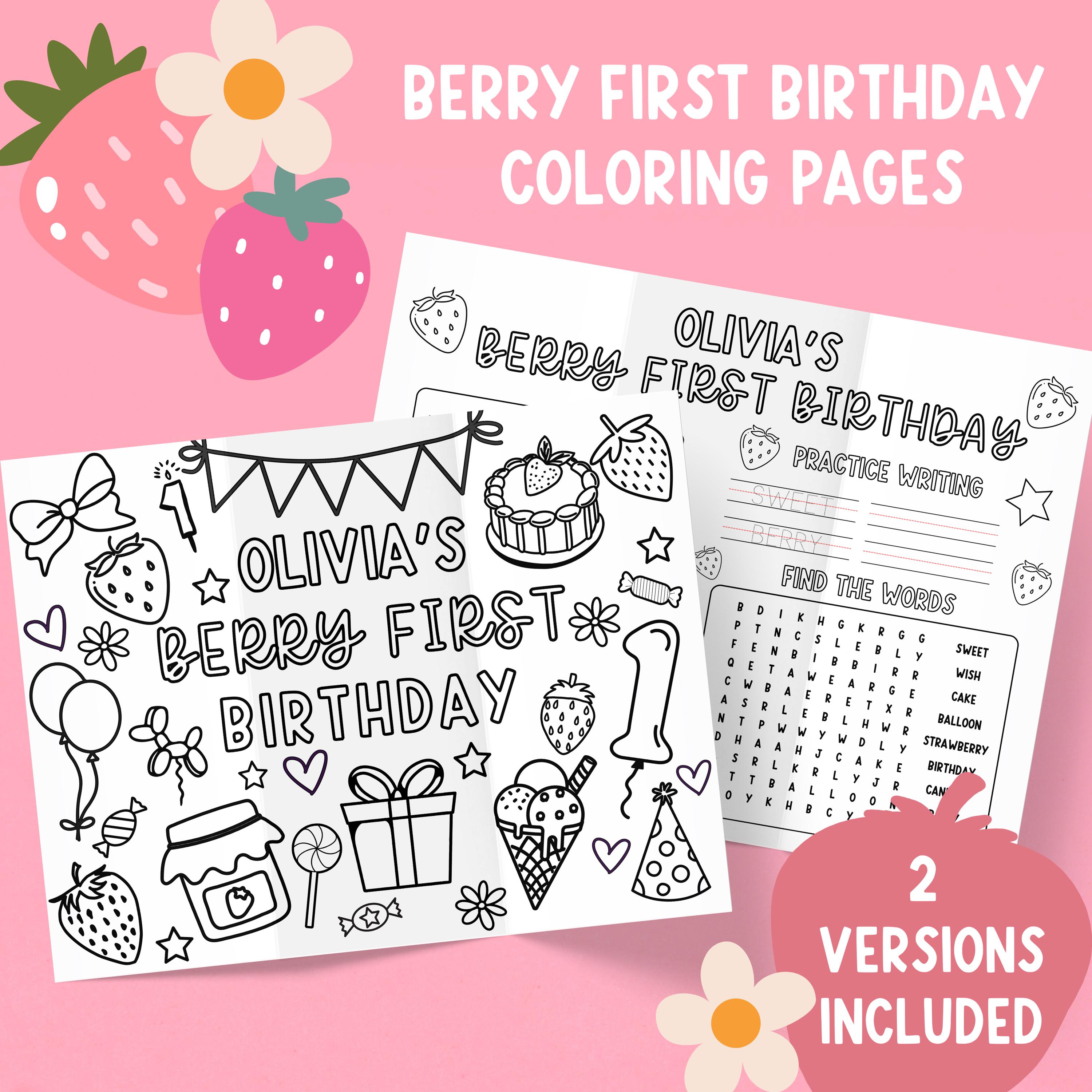 Berry First Birthday Coloring Sheet, Printable Kids Activity ...