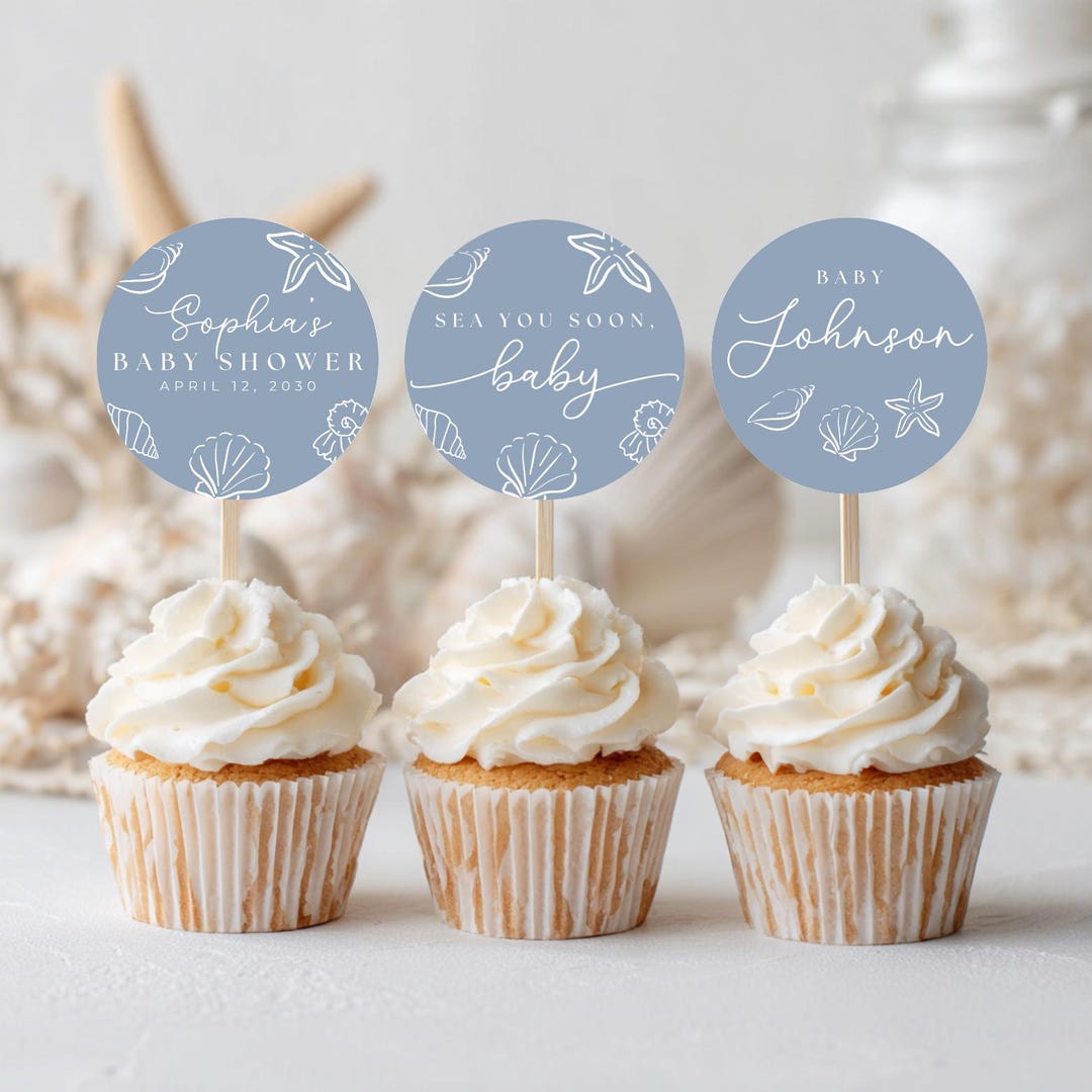 Sea You Soon Baby Shower Cupcake Toppers, Seashell Baby Shower Theme ...