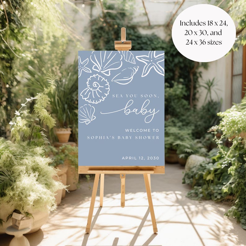 Sea You Soon Baby Shower Welcome Sign, Seashell Baby Shower Theme ...