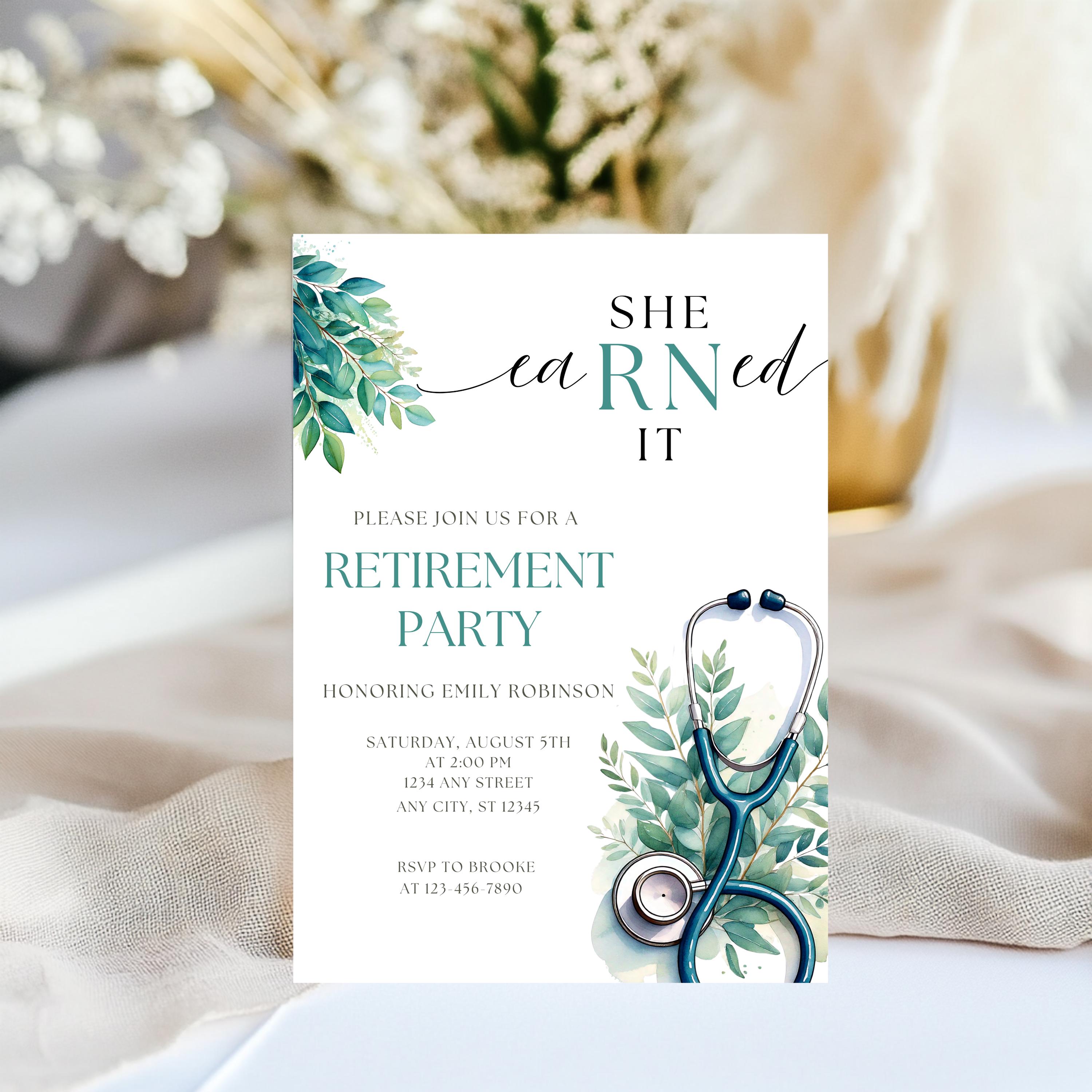 Nurse Retirement Invitation - She Earned It RN Retirement Announcement ...