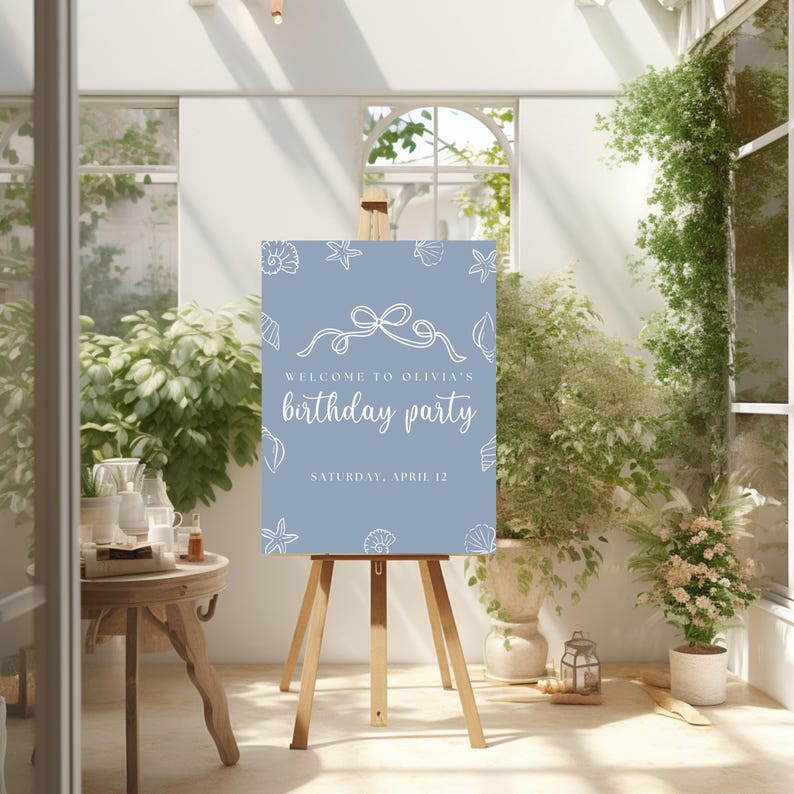 Coquette Seashell Birthday Welcome Sign, Editable Beach Birthday Poster ...