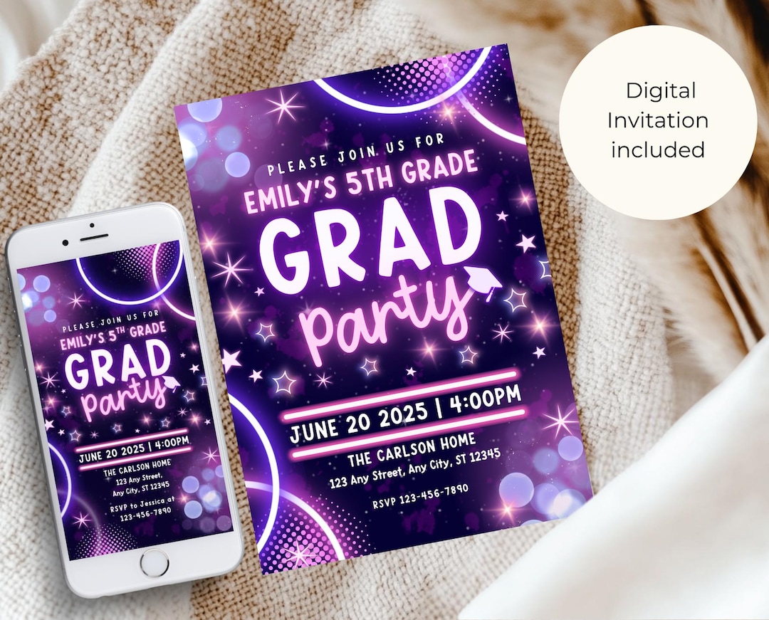 Neon 5th Grade Grad Invite, Editable Graduation Party Invitation ...