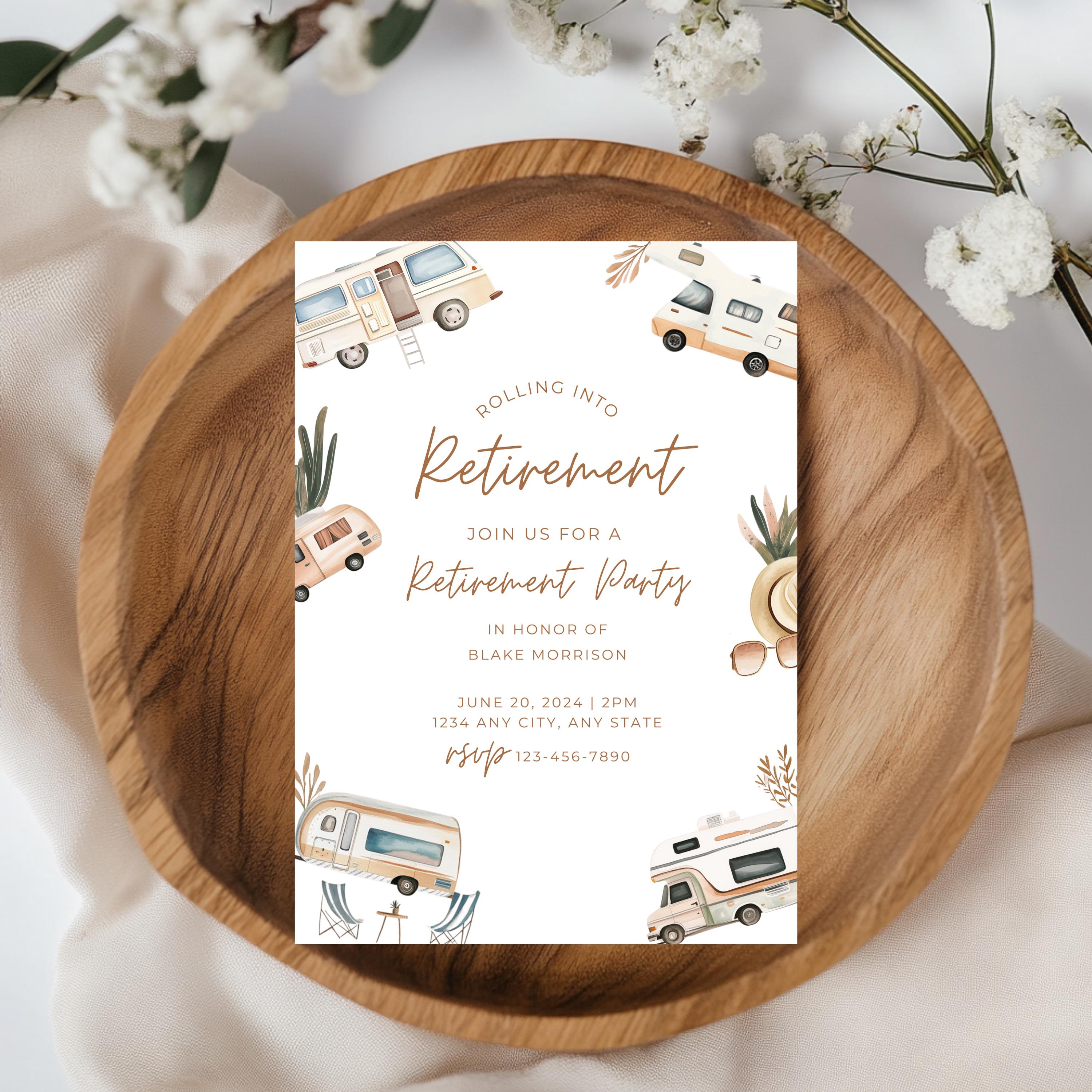 Camper Retirement Invitation - Vintage Camping Travel - Personalized ...