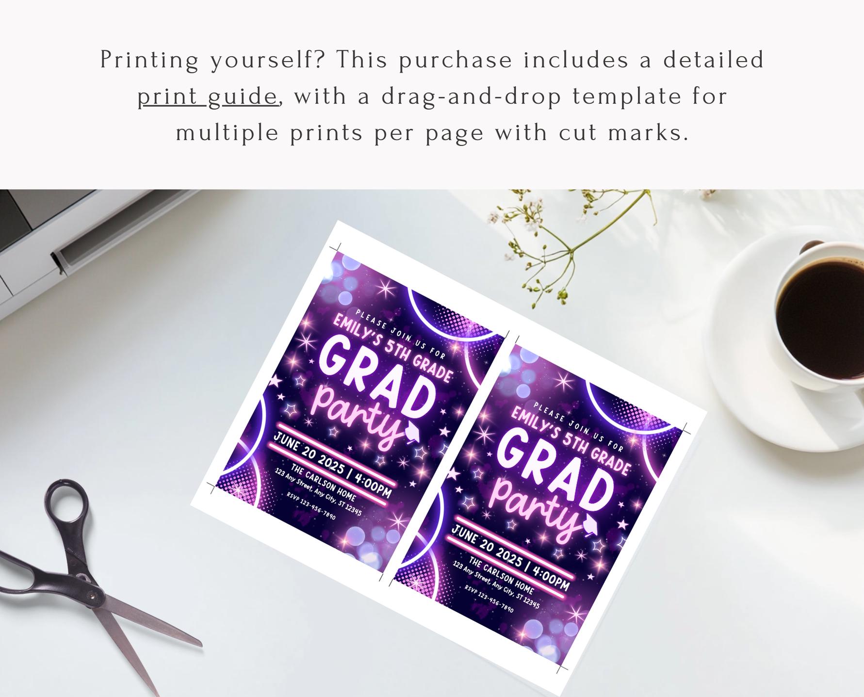 Neon 5th Grade Grad Invite, Editable Graduation Party Invitation ...