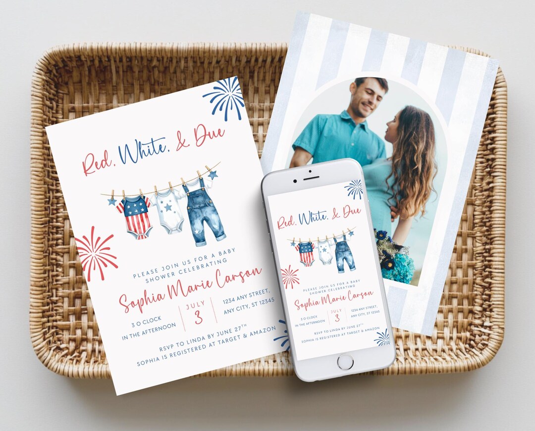 Editable Red White and Due Baby Shower Invitation, 4th of July Baby ...