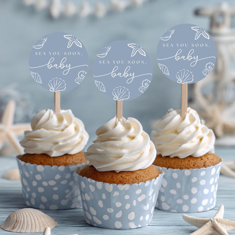 Sea You Soon Baby Shower Cupcake Toppers, Seashell Baby Shower Theme ...