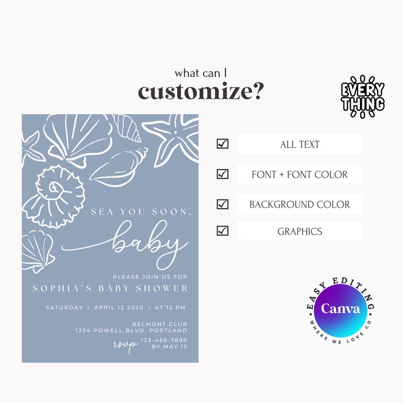 Sea You Soon Baby Shower Invite, Seashell Baby Shower Theme, Editable ...