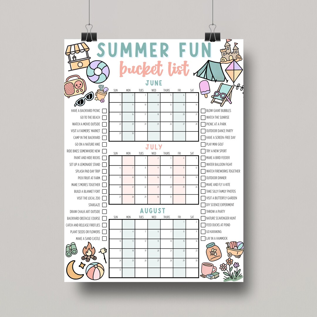 Summer Bucket List Poster Editable, Printable Family Planner, Summer ...