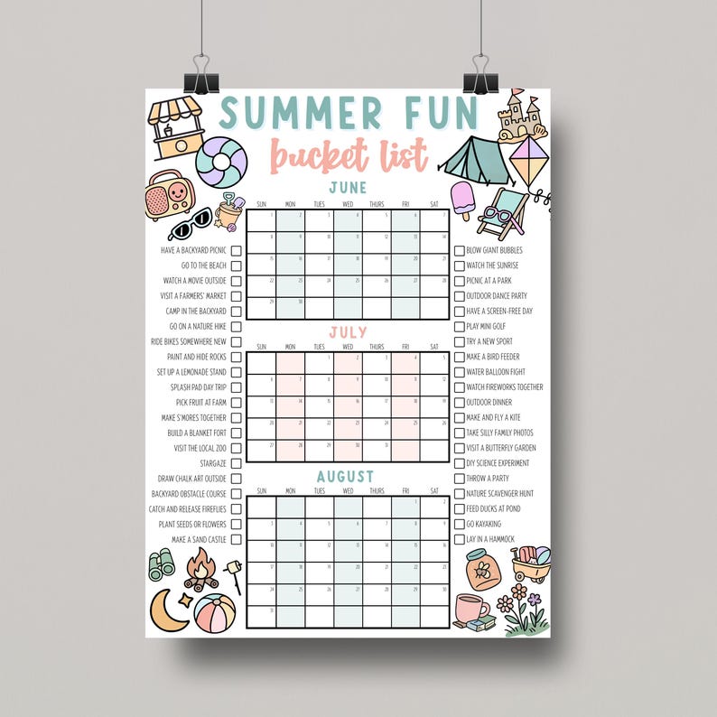 Summer Bucket List Poster Editable, Printable Family Planner, Summer ...