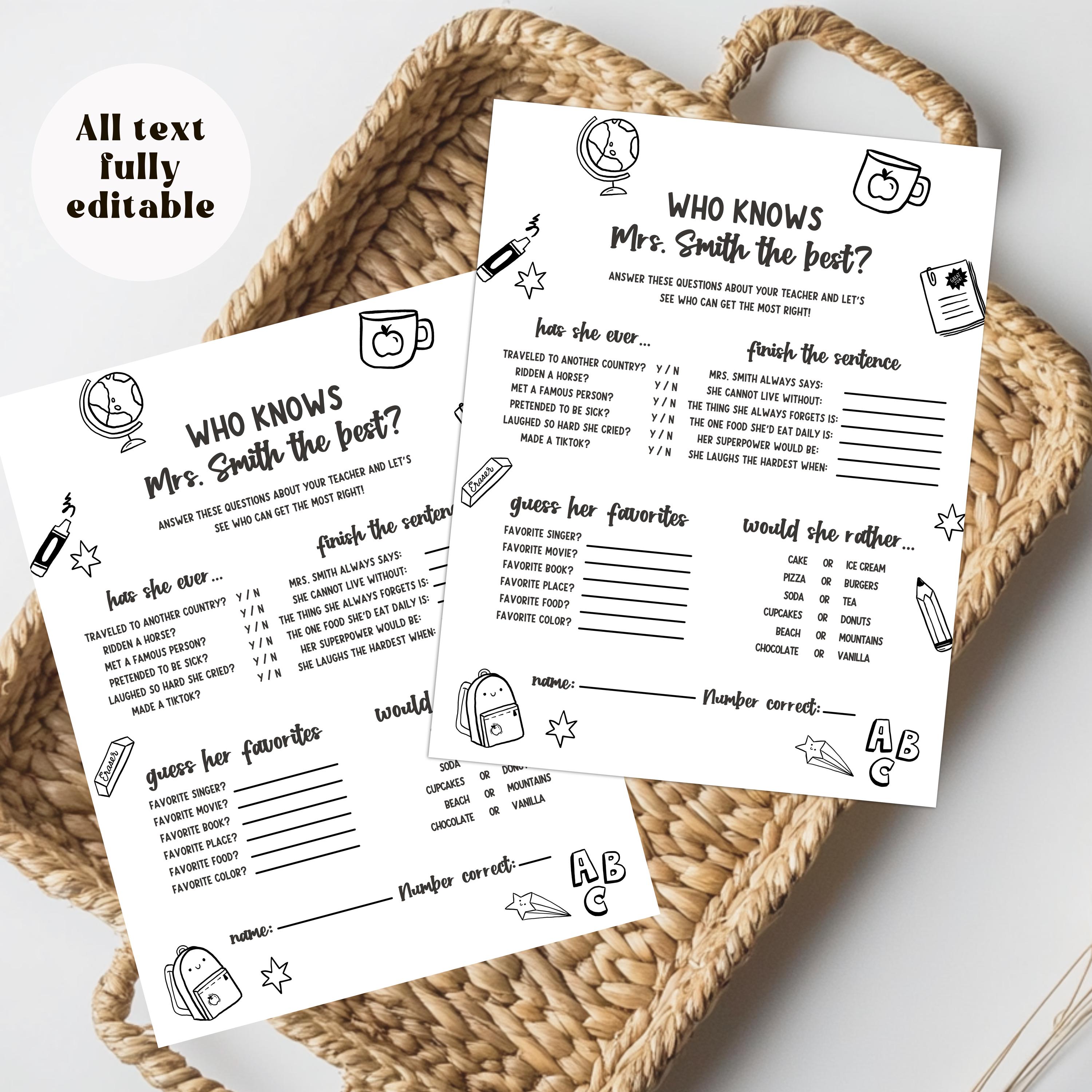 Who Knows the Teacher Best, Fun Get to Know the Teacher Activity or End ...