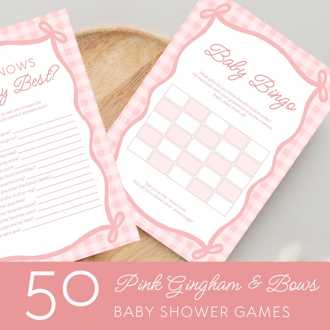 50 Editable Pink Gingham and Bows Baby Shower Games and Signs, Fun ...