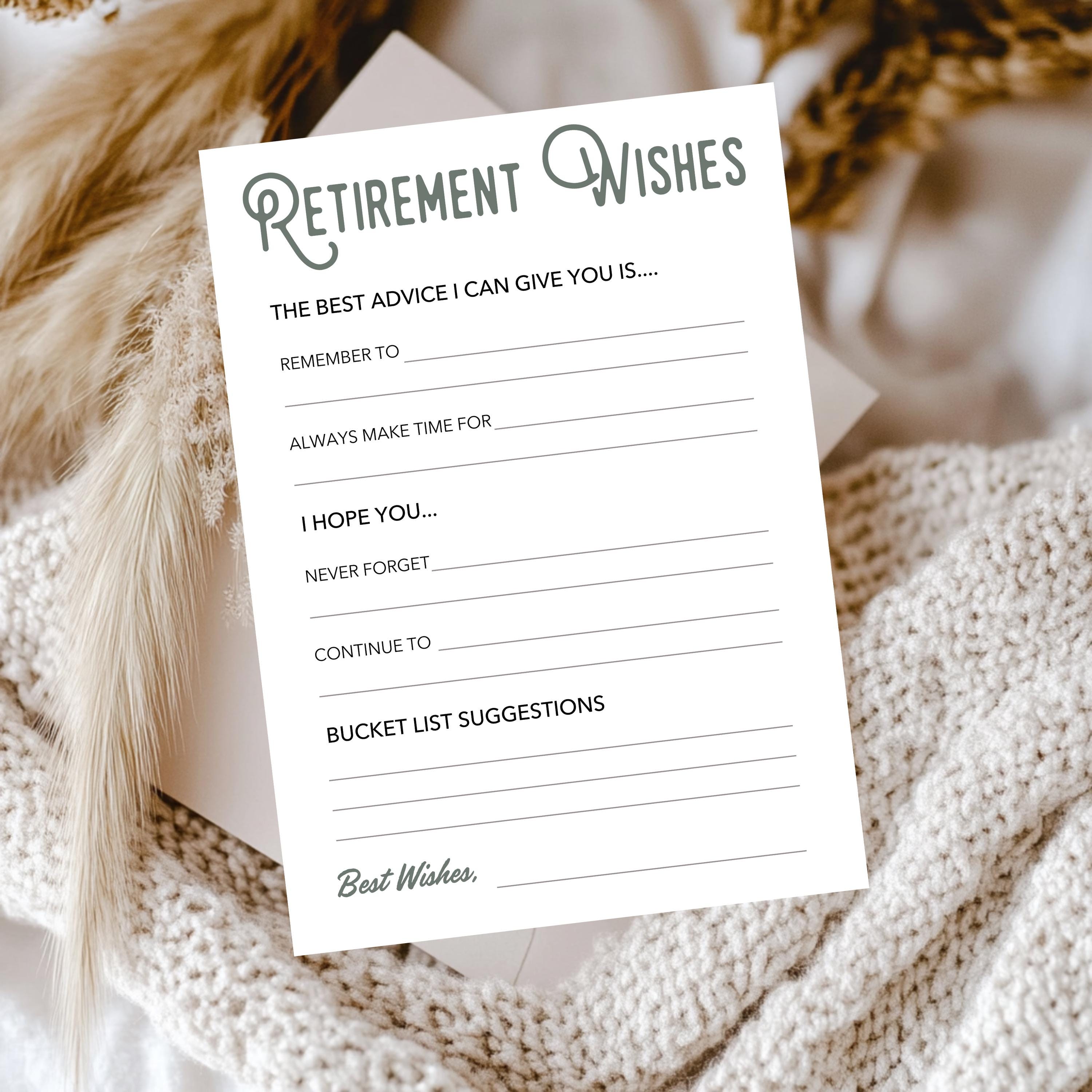 Retirement Bucket List Cards, Printable Party Ideas, Advice & Wishes ...