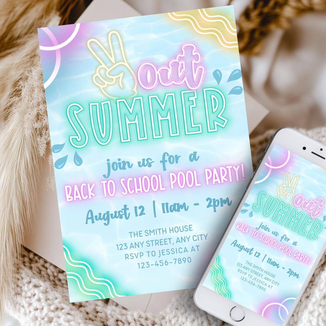 Pastel Peace Out Summer Pool Party Invitation, End of Summer Pool Party ...