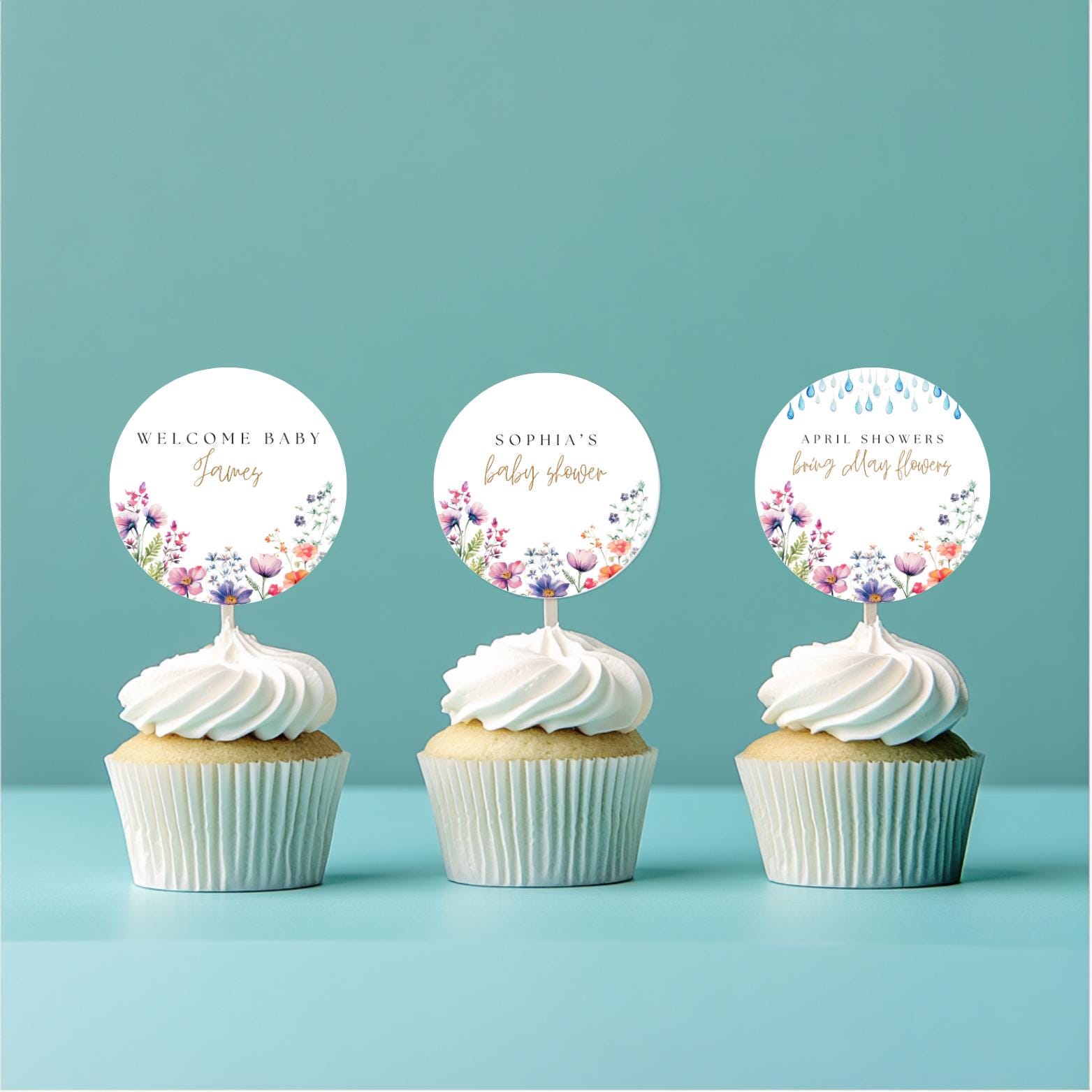 April Showers Bring May Flowers Baby Shower Cupcake Toppers - Editable ...