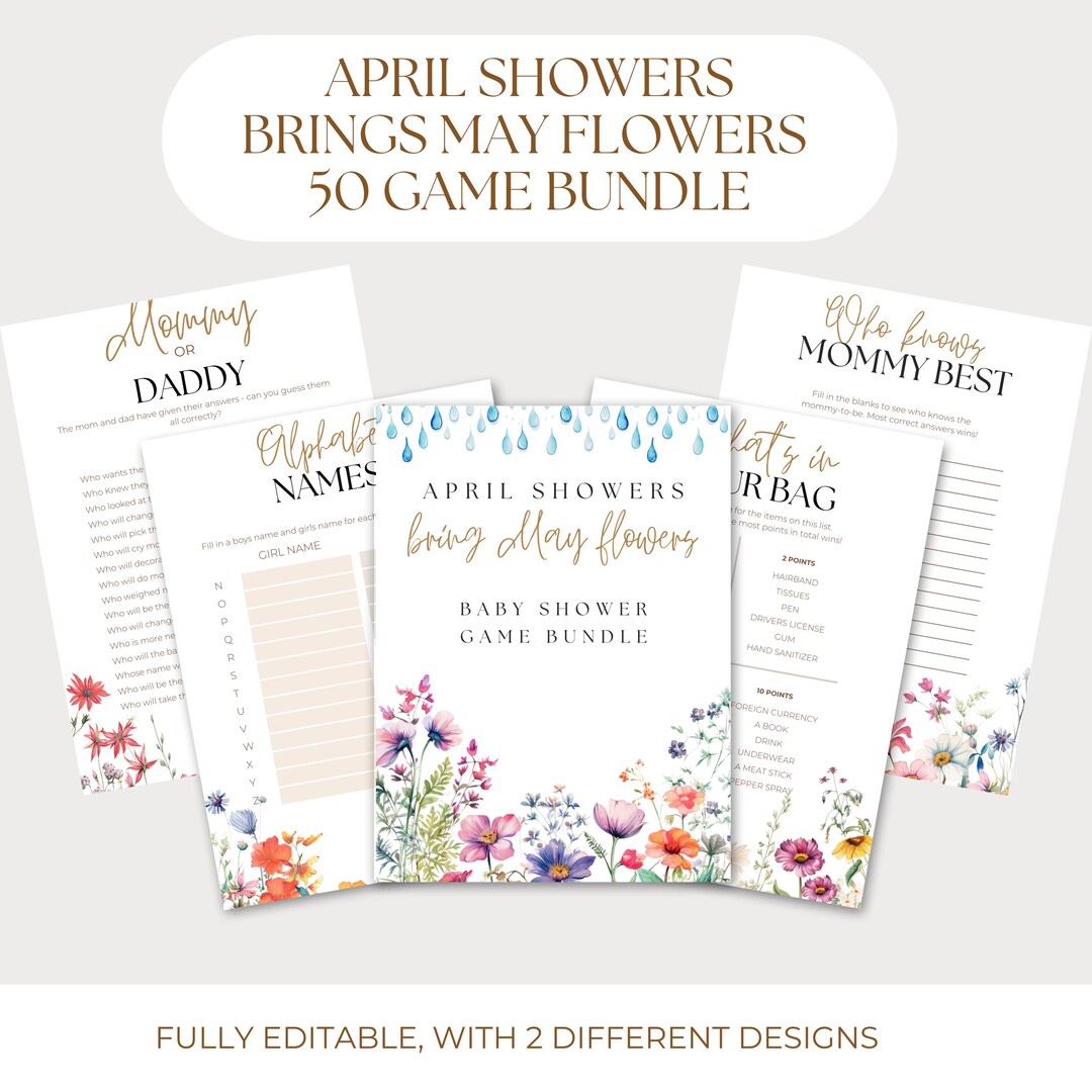 April Showers Bring May Flowers Baby Shower Game Bundle - Editable ...