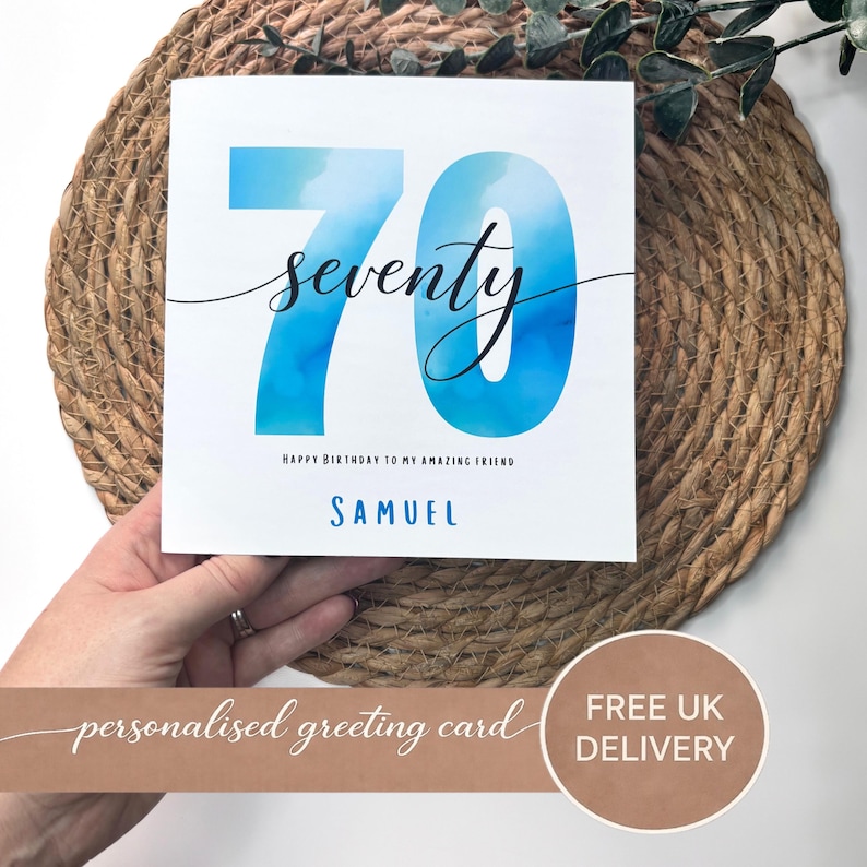 Personalised 70th Birthday Card | Blue Watercolour Design - Etsy UK