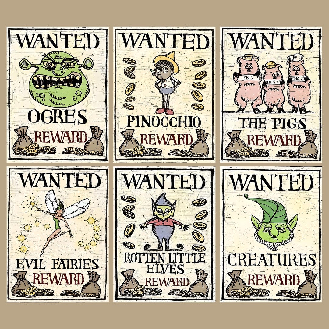 Shrek Wanted Posters | SET of 6 Digital Prints | Shrek, Pinocchio, the ...