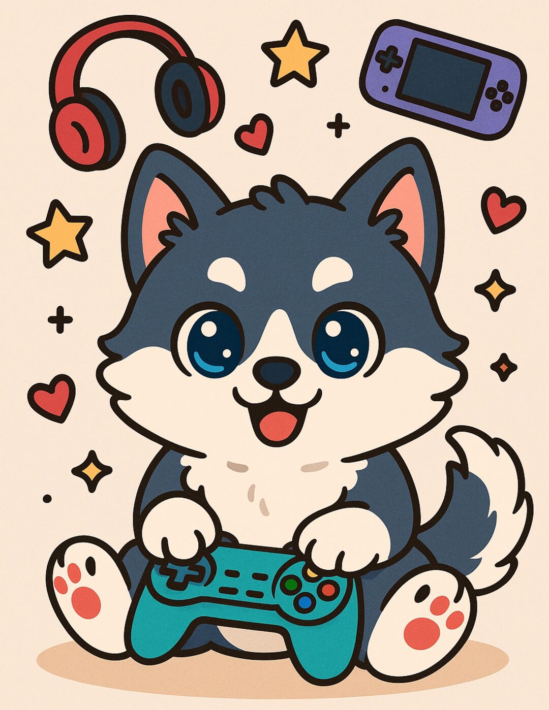 Kawaii Husky Gaming Coloring Page #1 – Cute Puppy With Controller ...