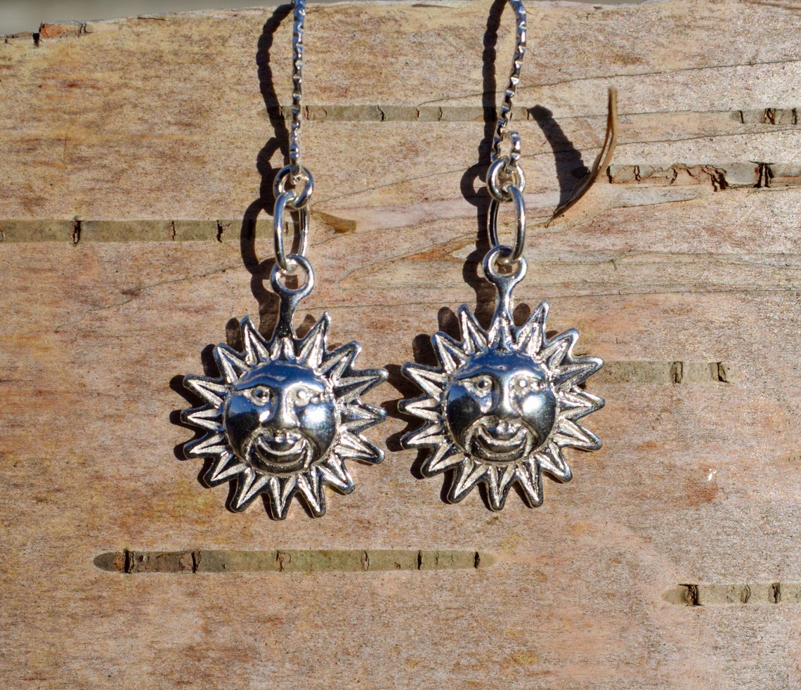 Sterling Silver Sun Earrings, Face Earrings, Sun Jewelry, Short Dangle ...