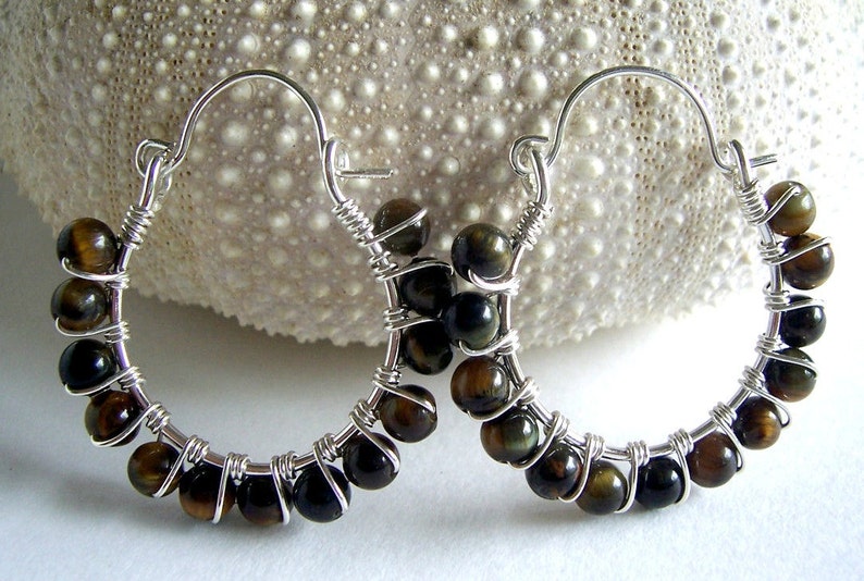 Tiger Eye and Sterling Silver Wire Wrapped Hoop Earrings - Etsy