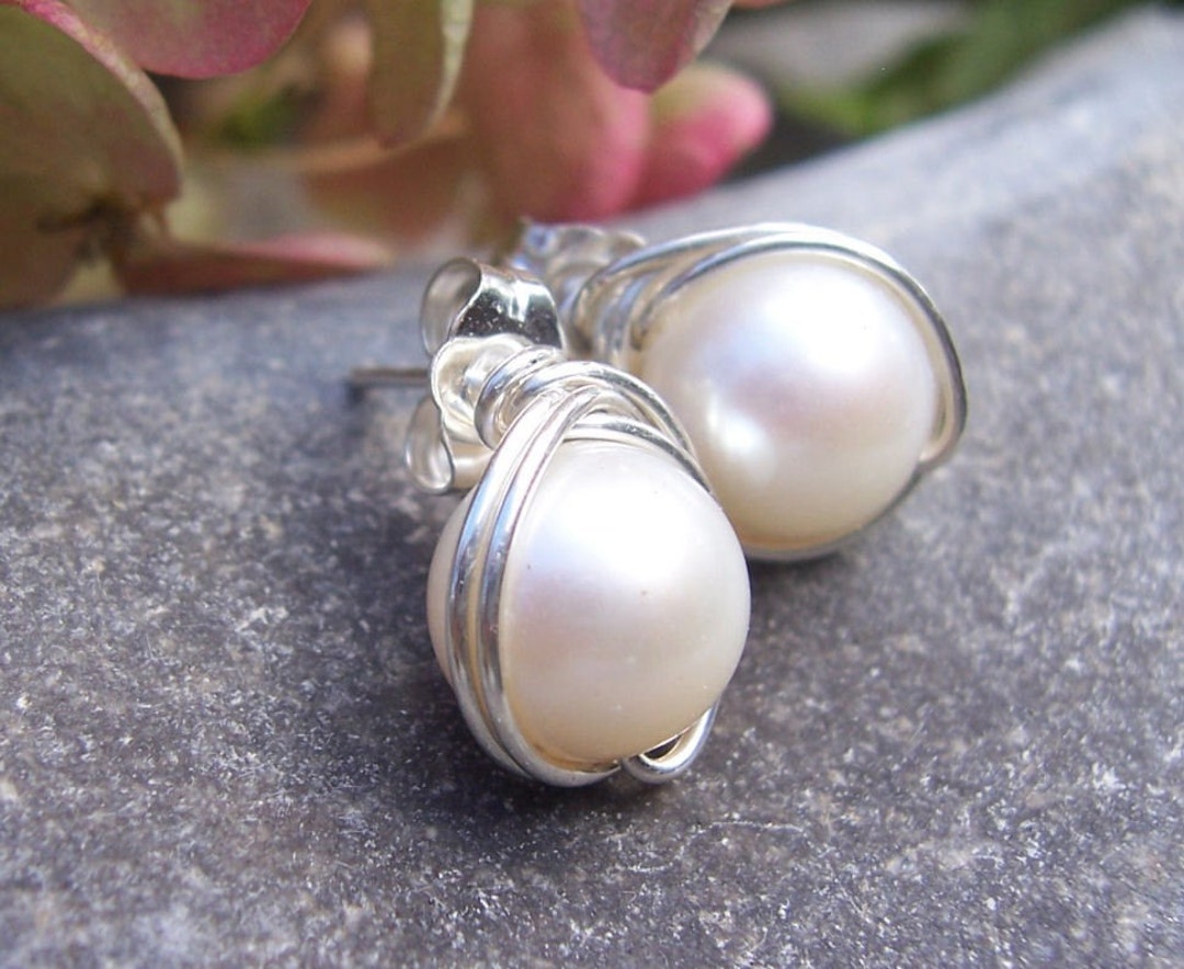 Pearl and Sterling Silver Wire Wrapped Post Earrings, Stud Earrings ...
