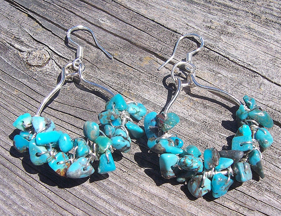 Turquoise Nugget Wire Wrapped Hoop Earrings, Turquoise Jewelry ...