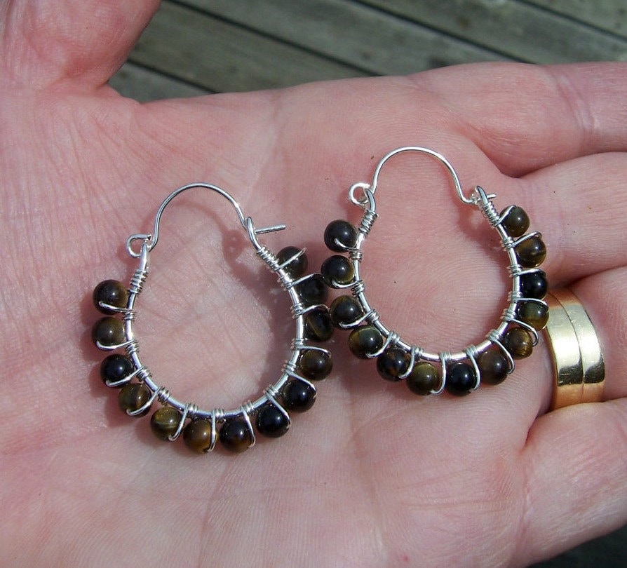 Tiger Eye and Sterling Silver Wire Wrapped Hoop Earrings - Etsy