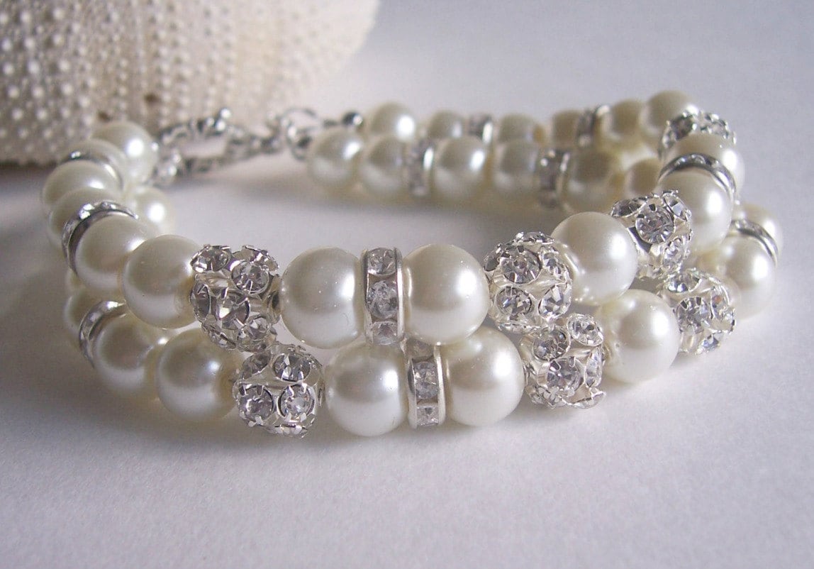 Ivory Pearl and Rhinestone Double Strand Bracelet, Wedding Bracelet - Etsy