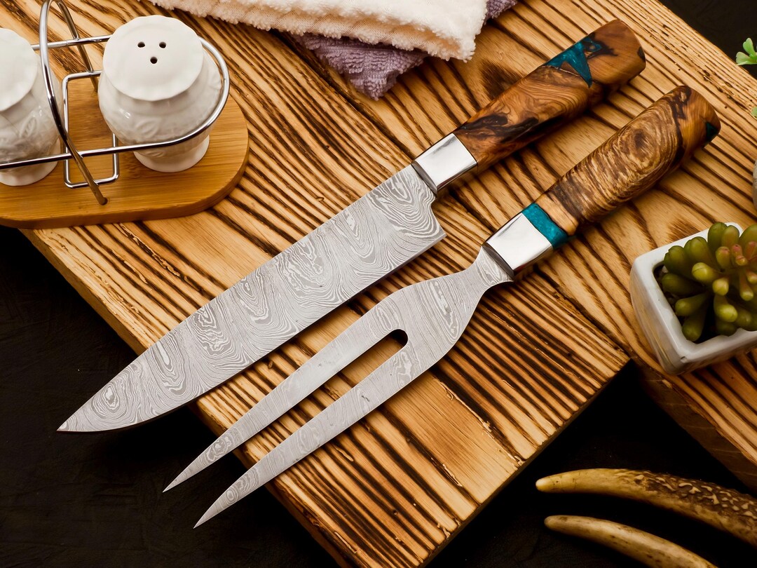 Handmade Damascus Steel Fork and Knife 2 Pc Set , Damascus Steel Knives ...