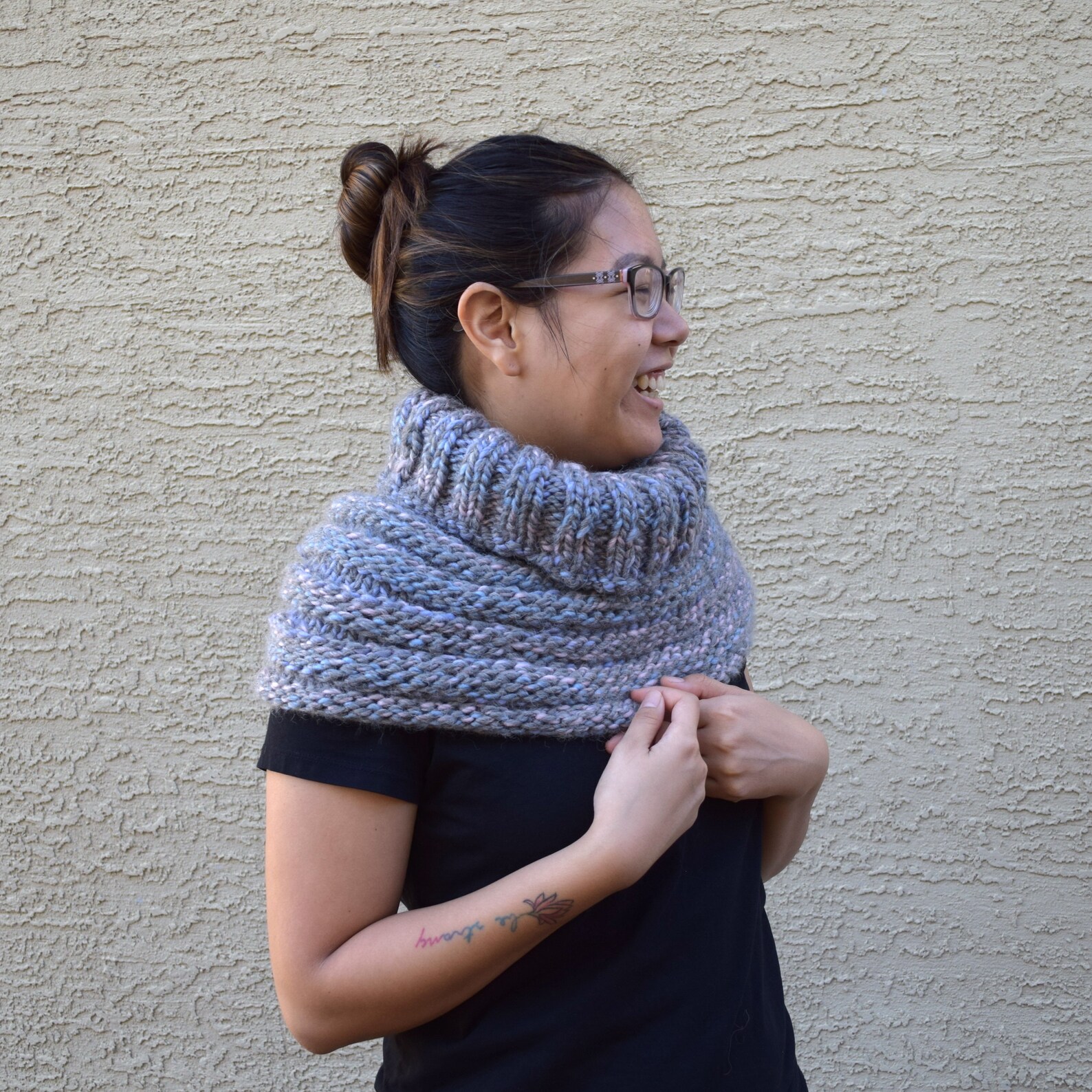 Oversized turtleneck cowl knitted infinity scarf gray blue | Etsy