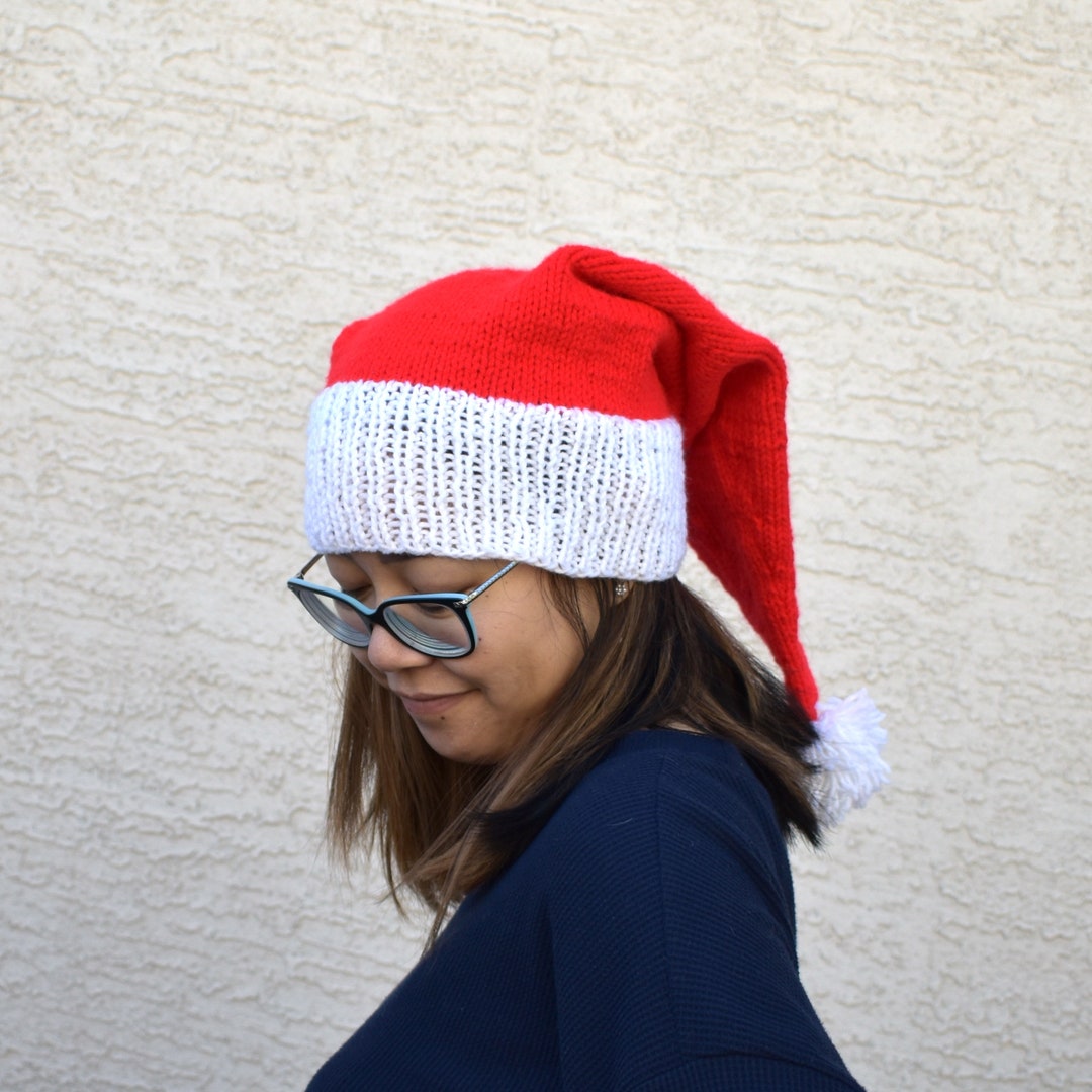 Knitted Stocking Cap Santa Hat Hand Knit Long Tail Hat With Pompom ...