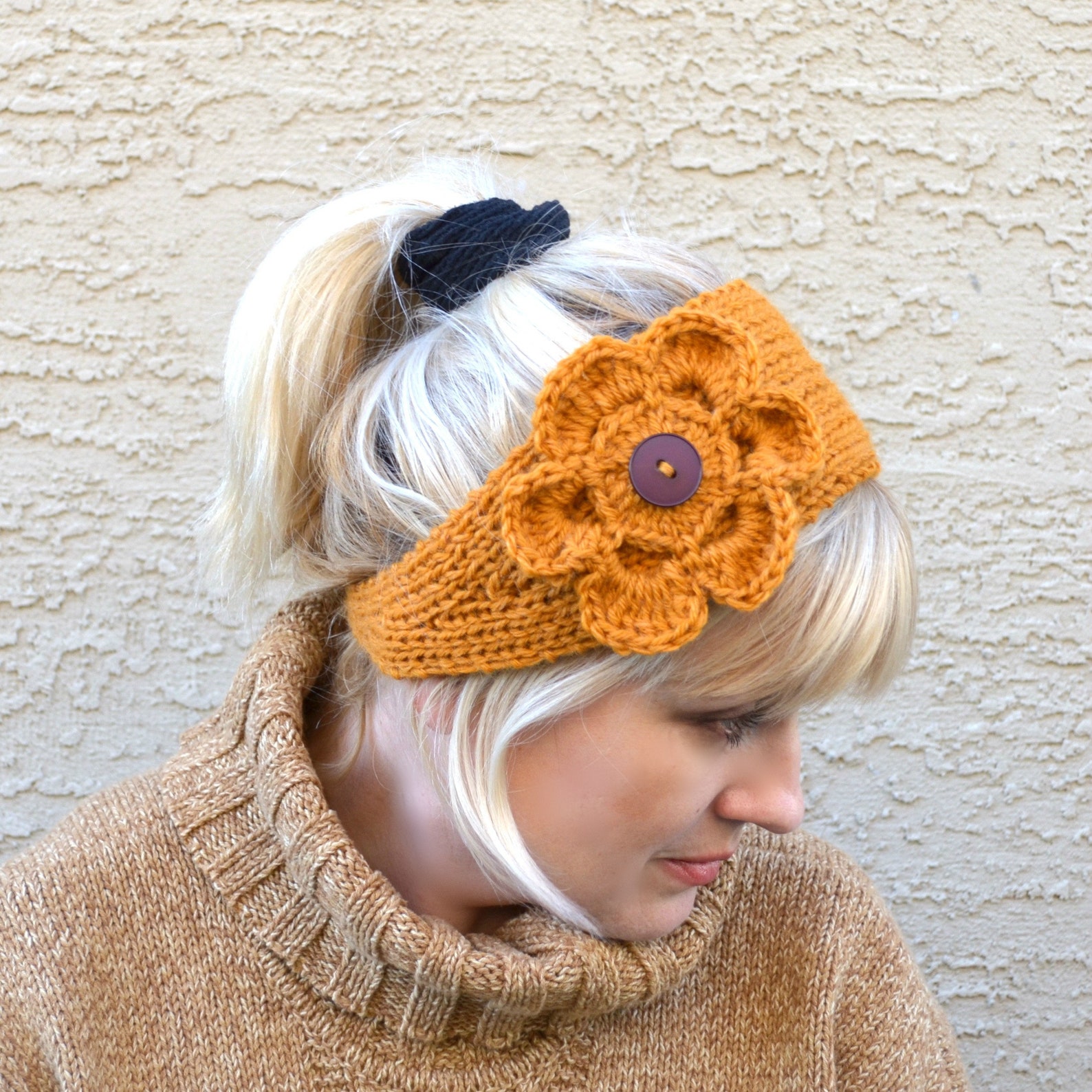 Knit Headband With Crochet Flower Warm Headpiece Knitted Ear - Etsy