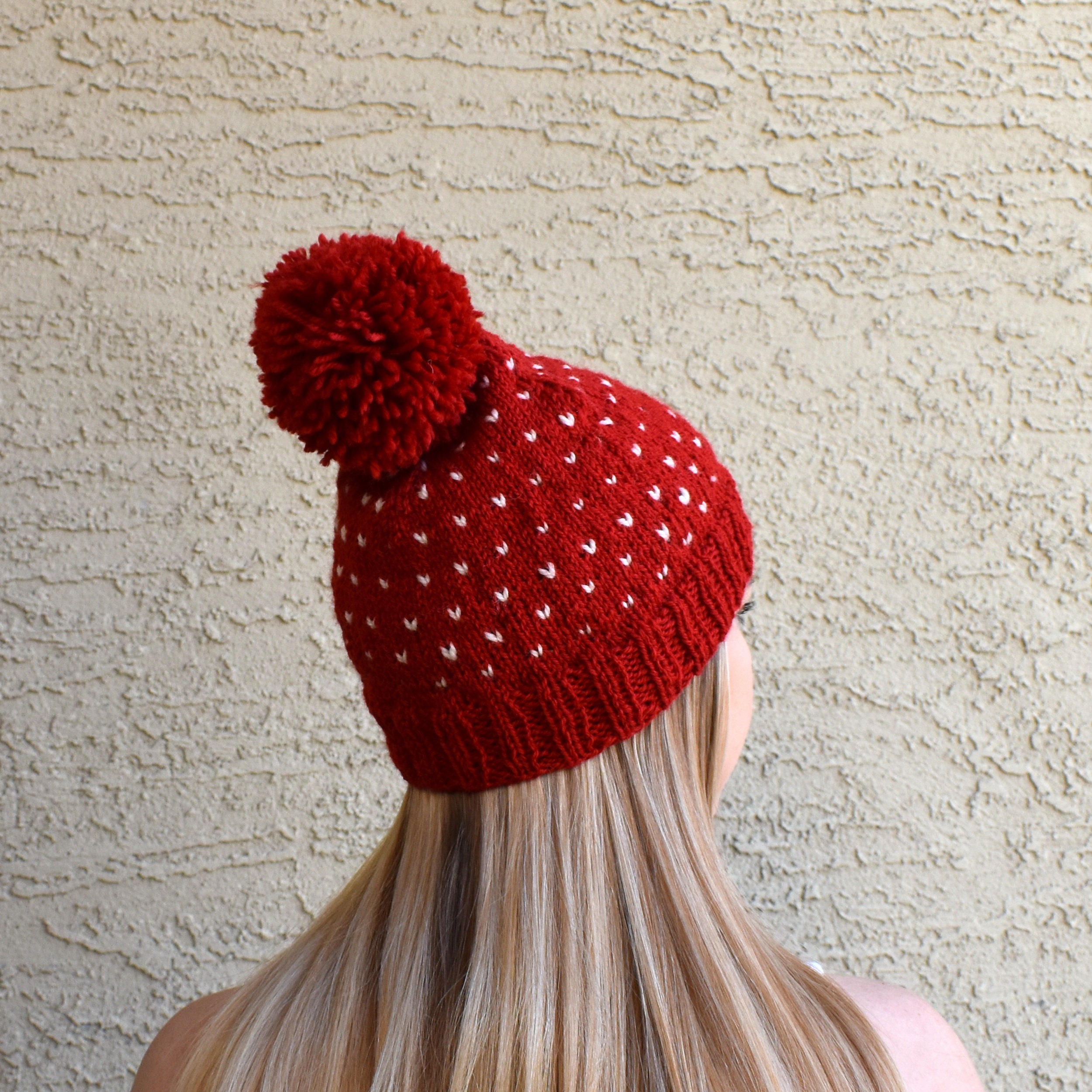 Red and white knitted hat with pom pom women's winter hat | Etsy