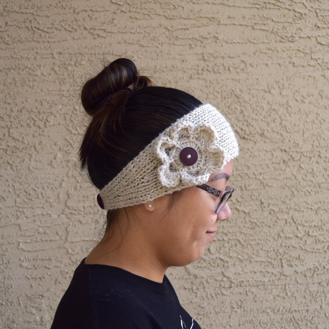 Knit Headband With Crochet Flower Warm Headpiece Knitted Ear Warmer ...