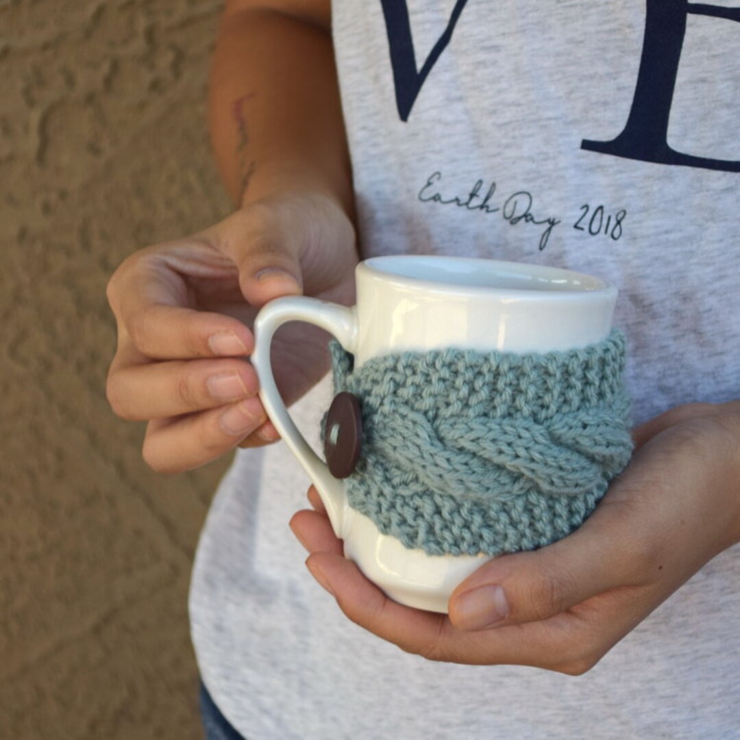 Knitted Cup Cozy Cable Knit Mug Cosy Seaglass Brown Button Small Gift ...
