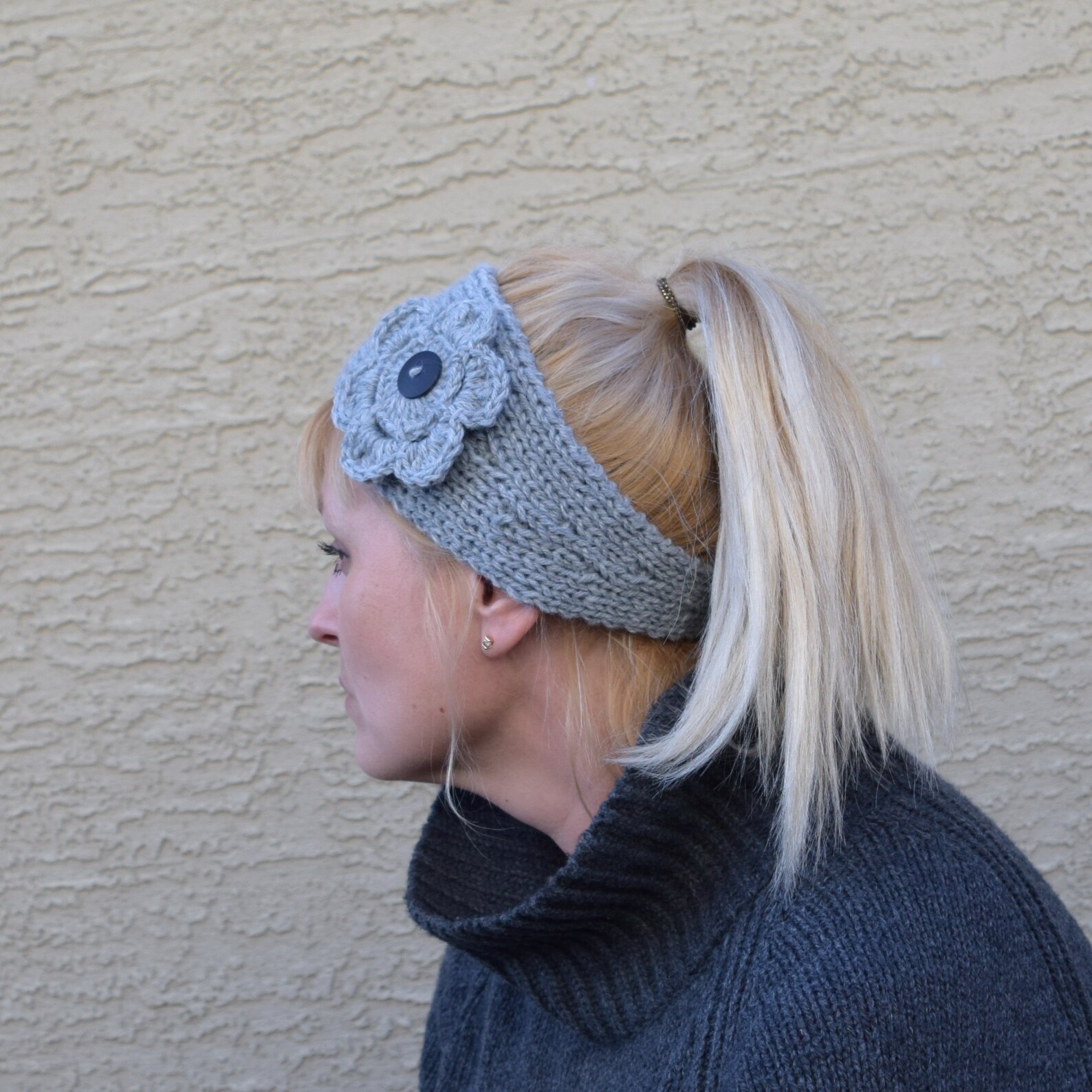 Knit Headband With Crochet Flower Warm Headpiece Knitted Ear - Etsy