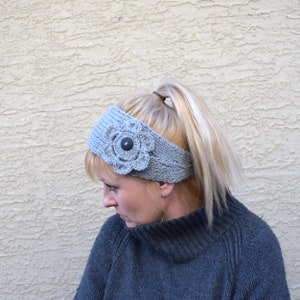 Knit Headband With Crochet Flower Warm Headpiece Knitted Ear Warmer ...