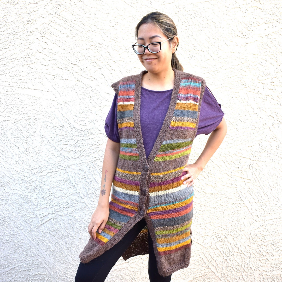 Women Knitted Vest With Slits Colorful Stripes Cozy Soft - Etsy