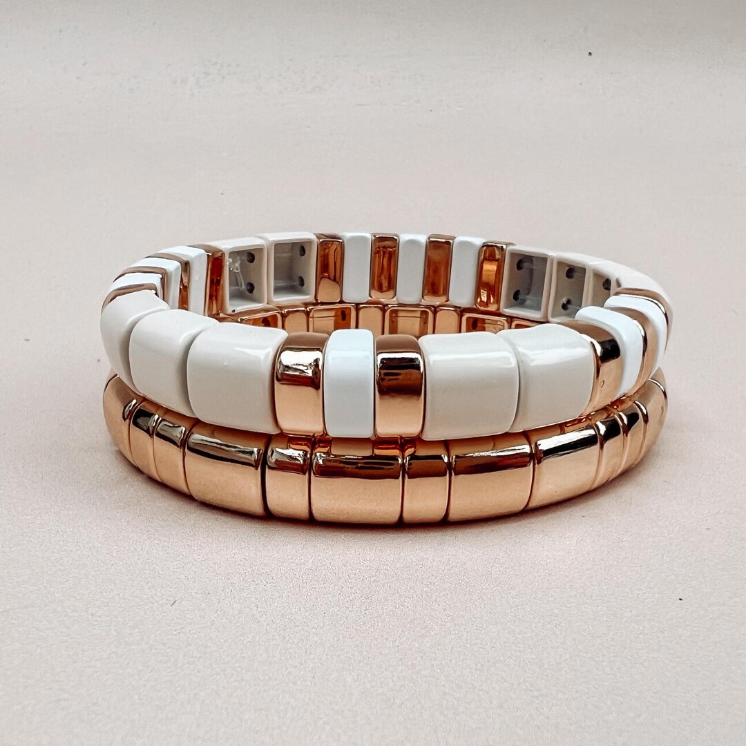 Cream and Gold Stretch Tile Bracelet // Elasticated Enamel Bracelet ...