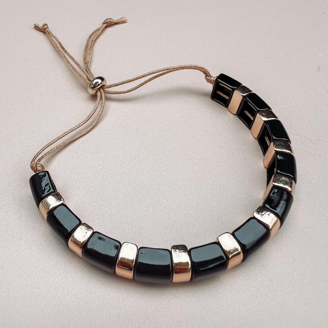 Black and Gold Stretch Tile Bracelet // Elasticated Enamel Bracelet ...