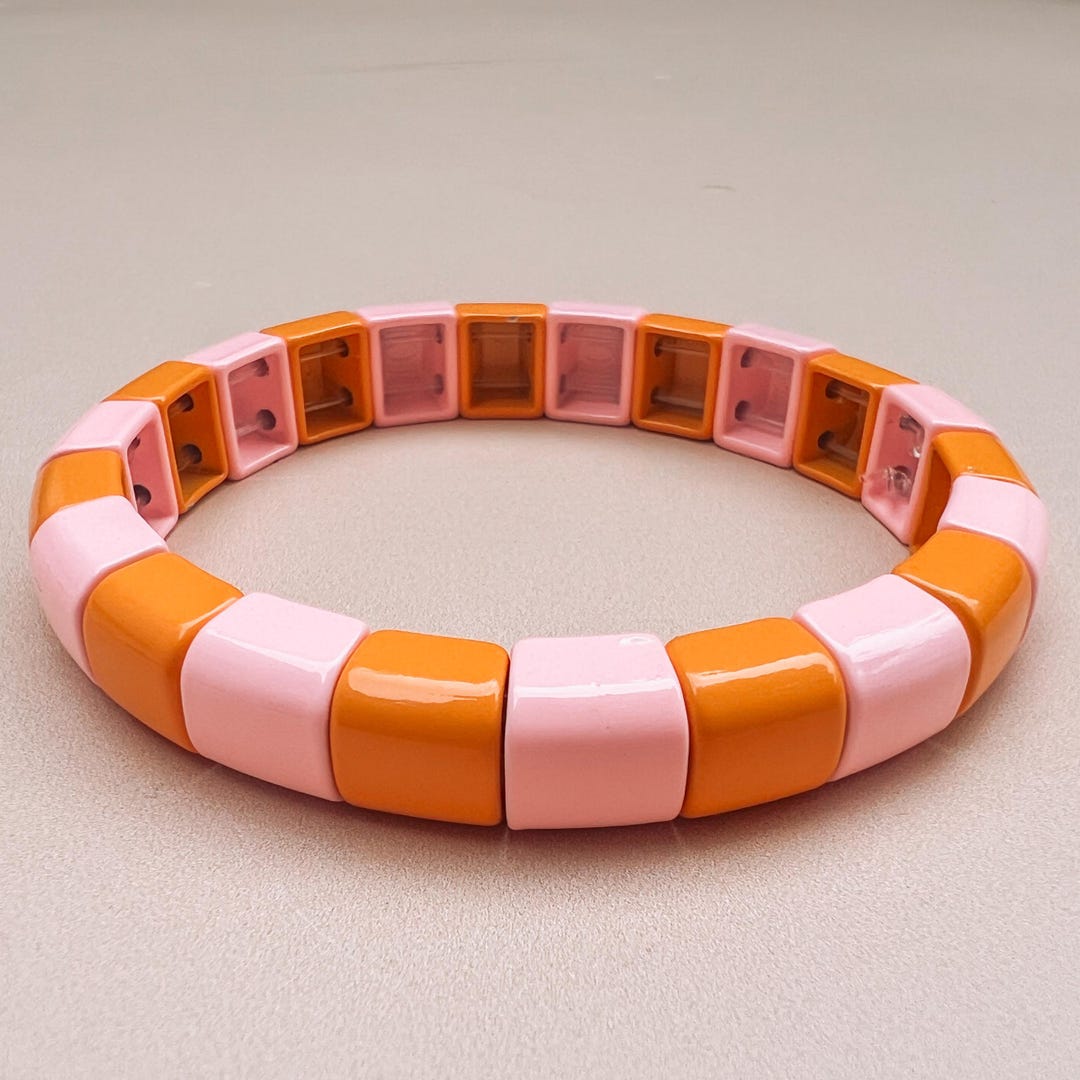 Stacking Bracelet // Pink and Orange Tile Bracelet, Enamel Bracelet ...