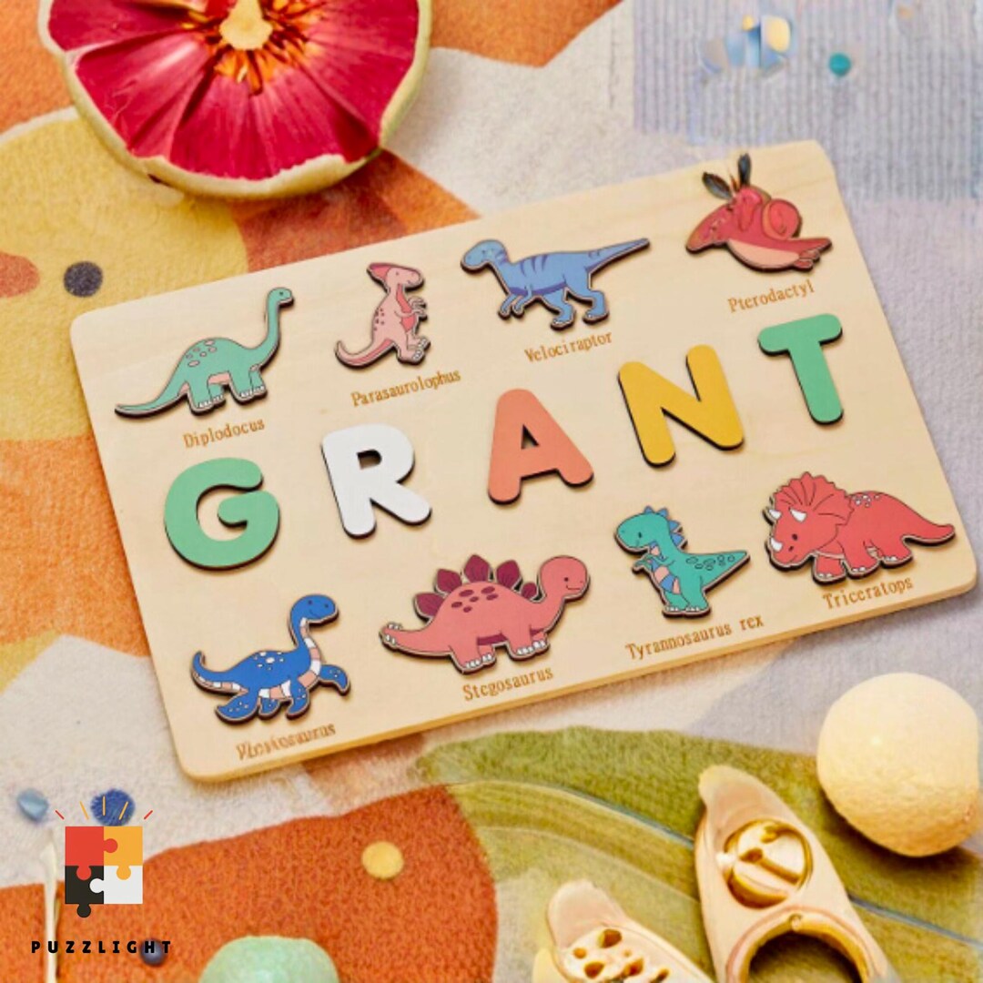 Dinosaur Wooden Name Puzzle, Personalized Animal Children's Scratching ...