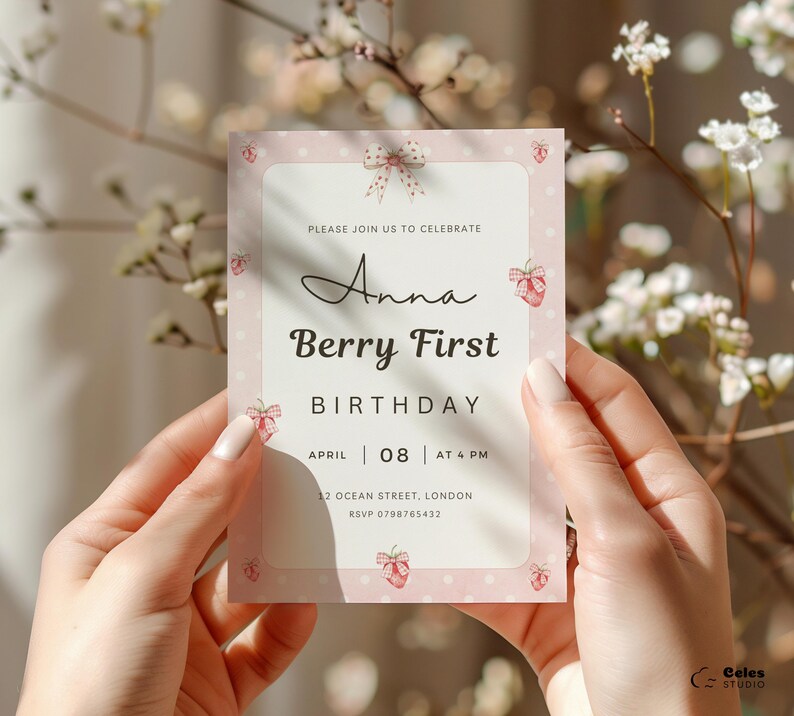 Strawberry 1st Birthday Invitation Template, Editable Berry First ...