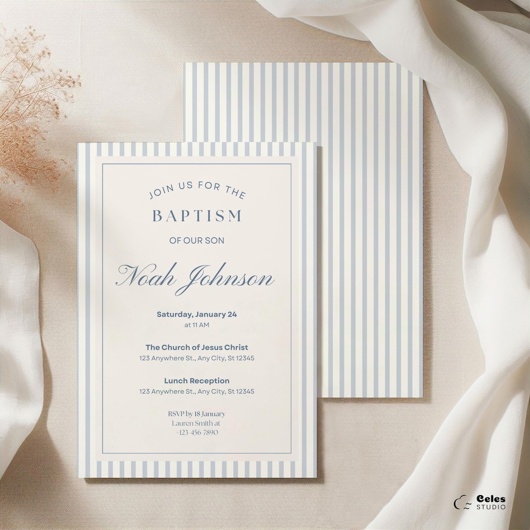 Digital Baptism Invitation Personalized, Blue Stripes Elegant ...